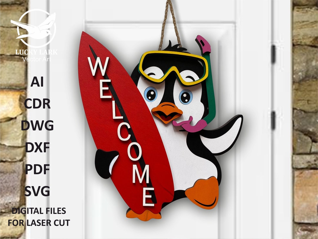 Penguin Welcome Sign SVG: Summer Door Hanger, Laser Cut File - Etsy
