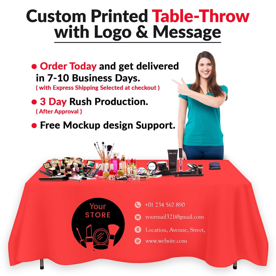 Custom Tablecloth With Branded Logo, Personalize Table Cover for Trade Show Pop up Shop, Table ...