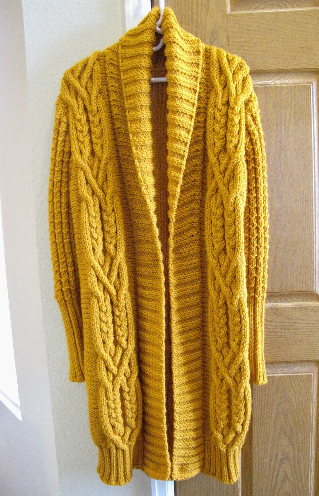 Women's Jacket Handmade Knitted Gold Cardigan Shawl Collar Long Sleeve ...