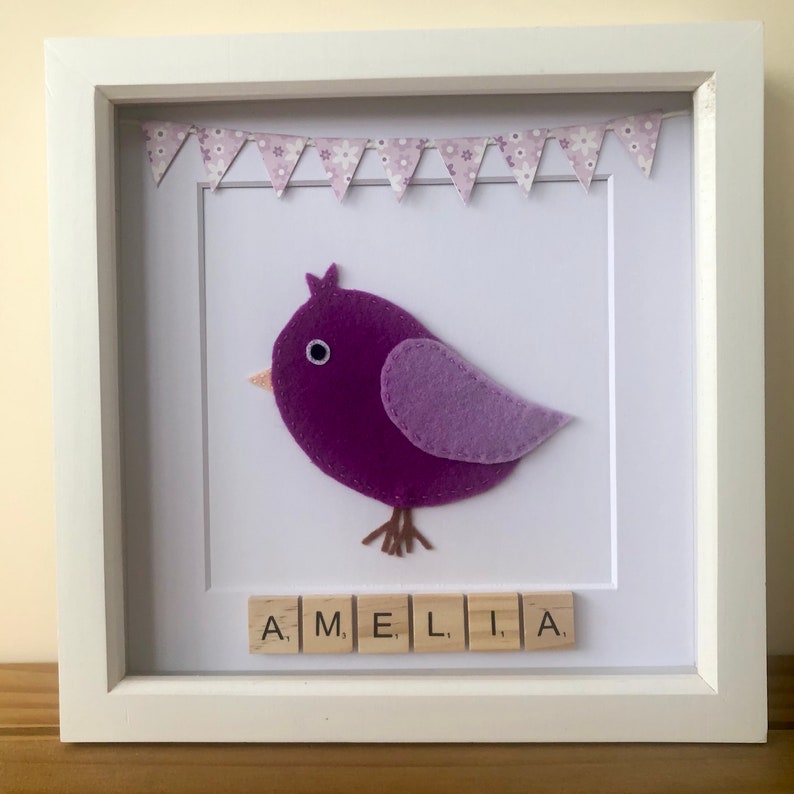 Pipsqueak the Bird - Hand Sewn Personalised Framed Felt Art Picture ...