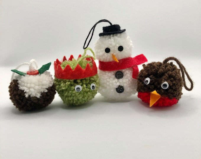 Set of 4 Assorted Pom Pom Christmas Tree Decorations - Etsy UK