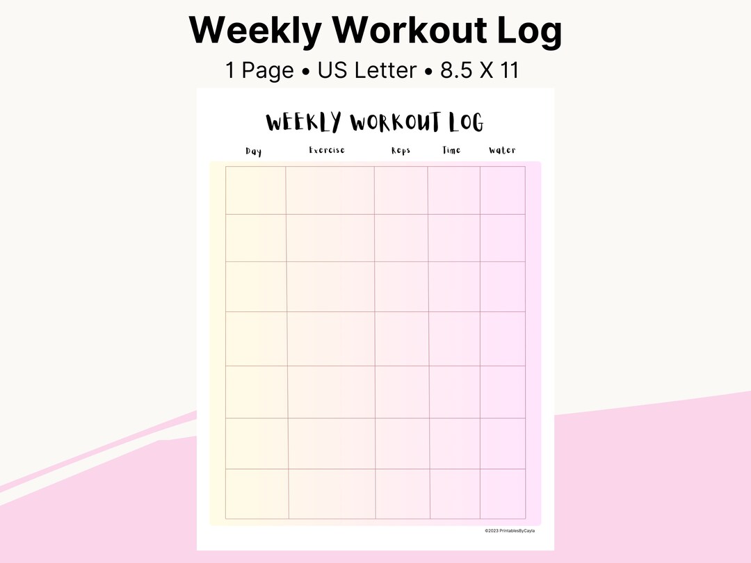 Weekly Workout Log | Fitness Goals | Instant 8.5 X 11 Downloadable PDF ...