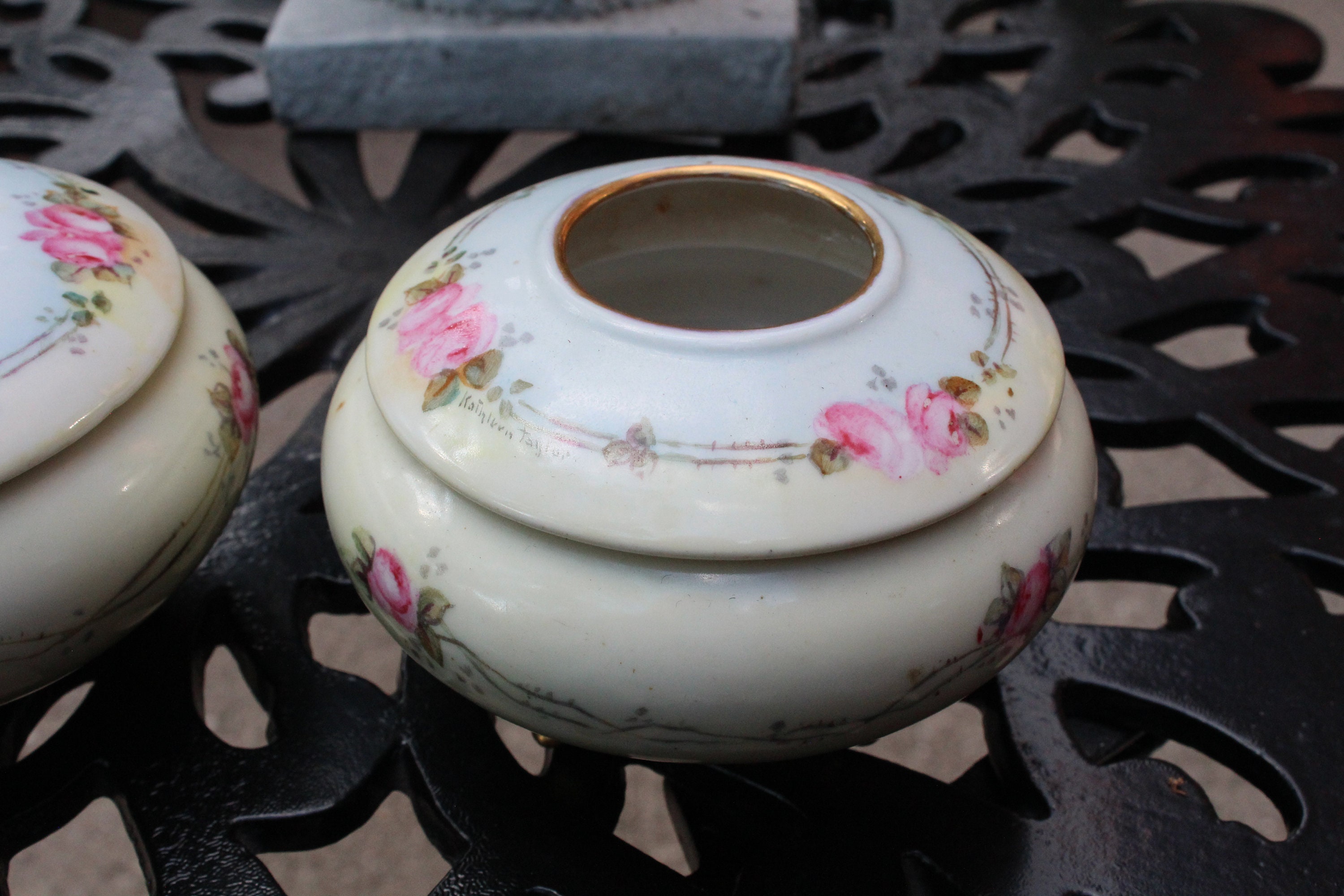 Antique Hand Painted Porcelain Hair Receiver Set of 2 Made in France - Etsy