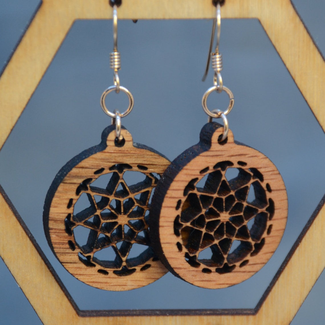 Wood Earrings Wooden Round Star Earrings Laser Cut Earrings Etsy