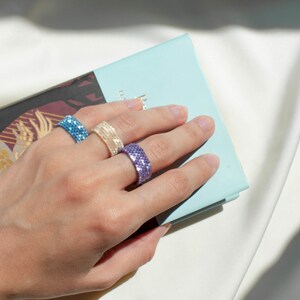 Sparkling Ring, Beaded Ring, Violet Ring, Blue Ring, Beige Ring - Etsy