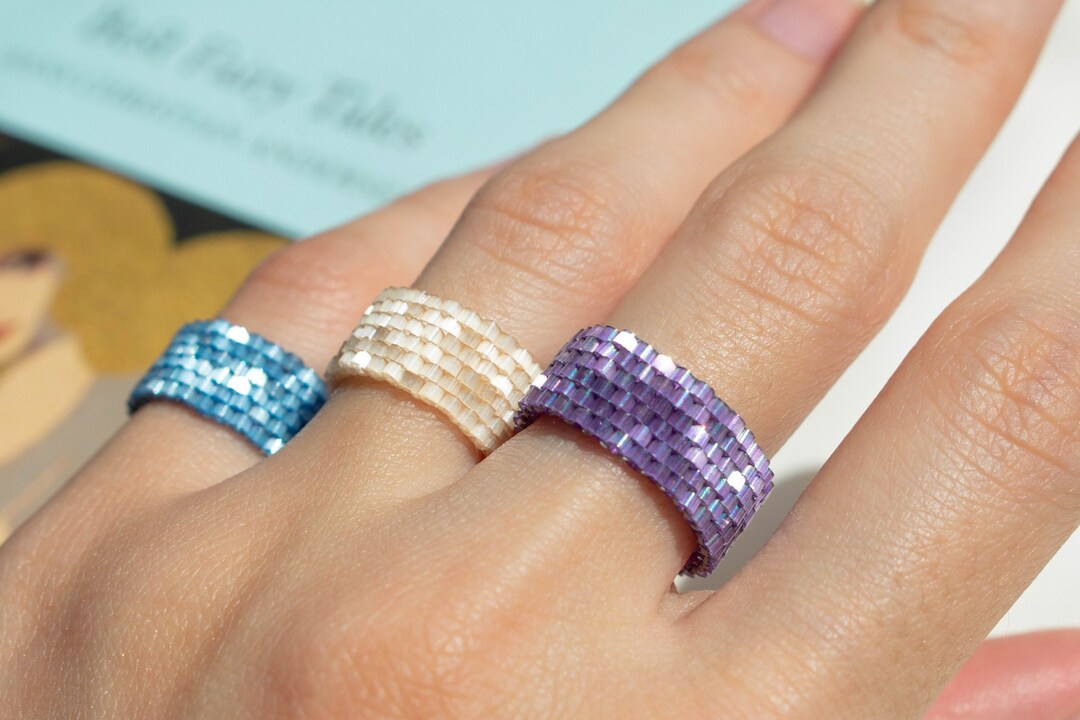 Sparkling Ring, Beaded Ring, Violet Ring, Blue Ring, Beige Ring - Etsy