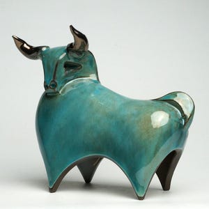 Ceramic Blue Bull Sculpture, Unique Handmade Gift, Minimalist Animal ...