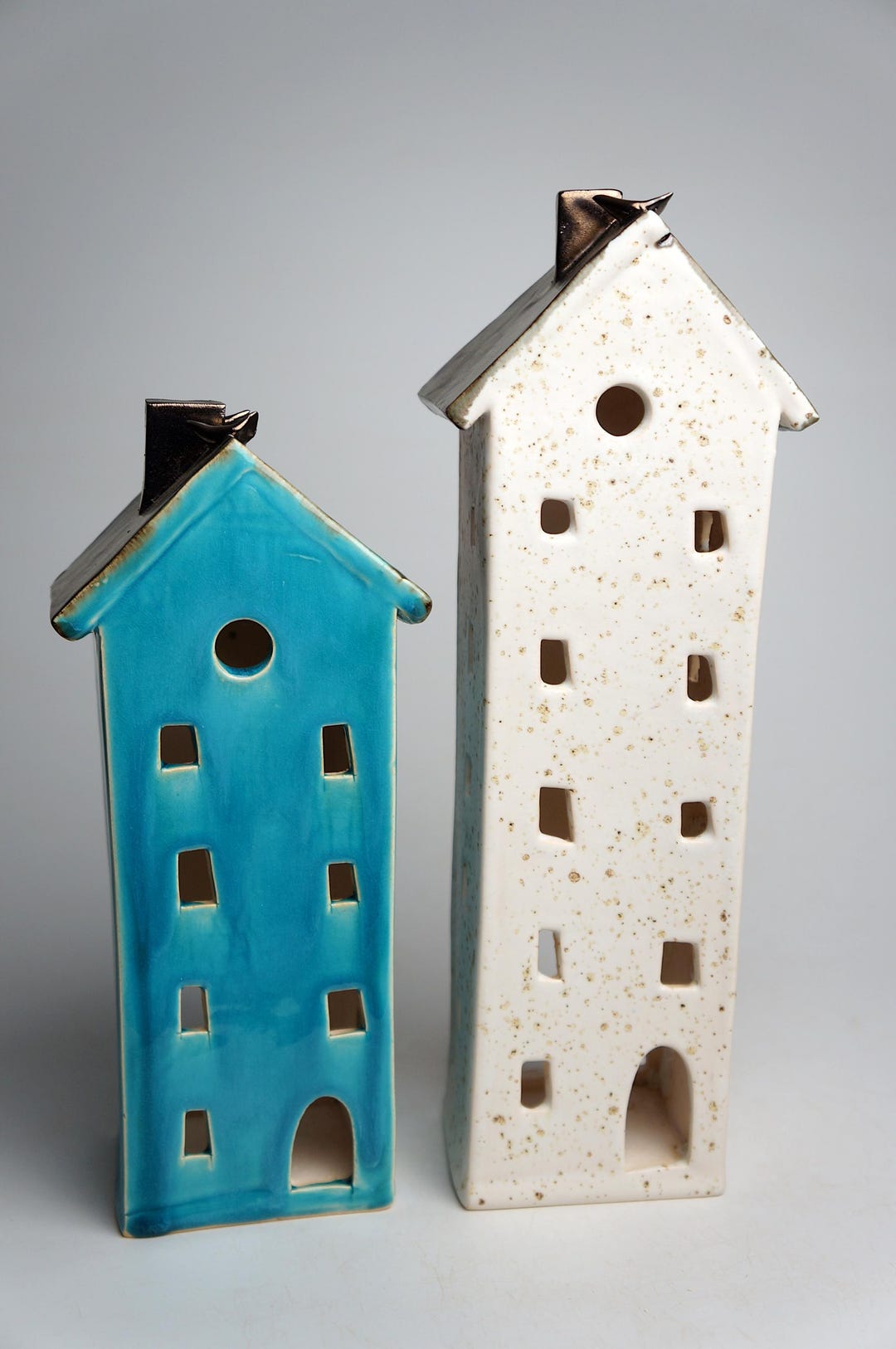 Set of 2 Ceramic Candlestick Houses, Handmade, Minimalist Tealight ...