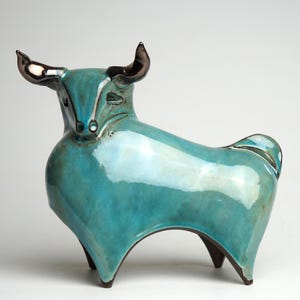 Ceramic Blue Bull Sculpture, Unique Handmade Gift, Minimalist Animal ...