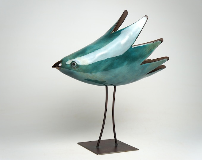 Ceramic Bird Sculpture: Turquoise Glaze, Metal Stand, Handmade Figurine ...