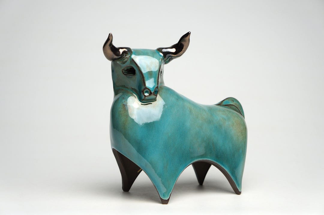 Ceramic Blue Bull Sculpture, Unique Handmade Gift, Minimalist Animal ...