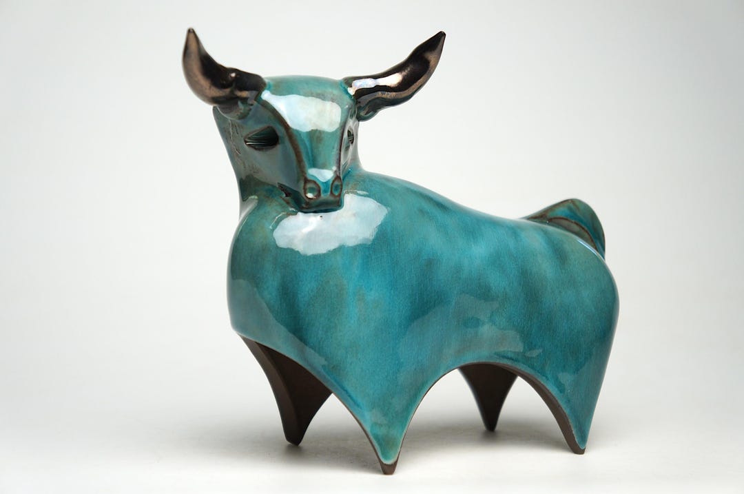 Ceramic Blue Bull Sculpture, Unique Handmade Gift, Minimalist Animal ...