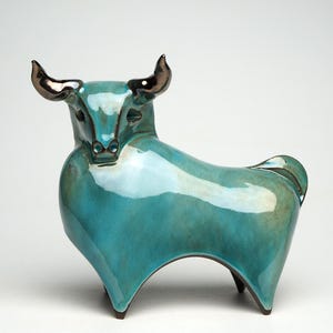 Ceramic Blue Bull Sculpture, Unique Handmade Gift, Minimalist Animal ...