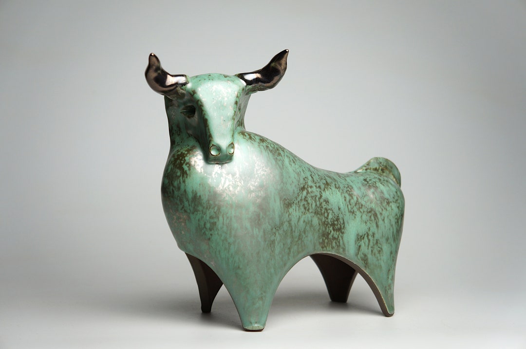 Ceramic Large Green Bull Sculpture, Unique Hand Made Gift, Minimalist ...