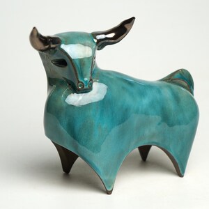 Ceramic Blue Bull Sculpture, Unique Handmade Gift, Minimalist Animal ...