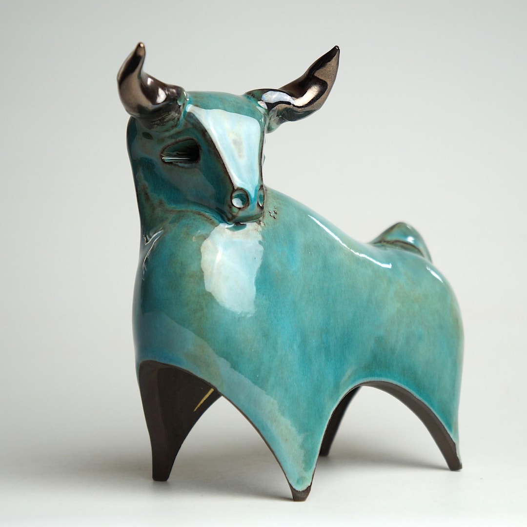 Ceramic Blue Bull Sculpture, Unique Handmade Gift, Minimalist Animal ...