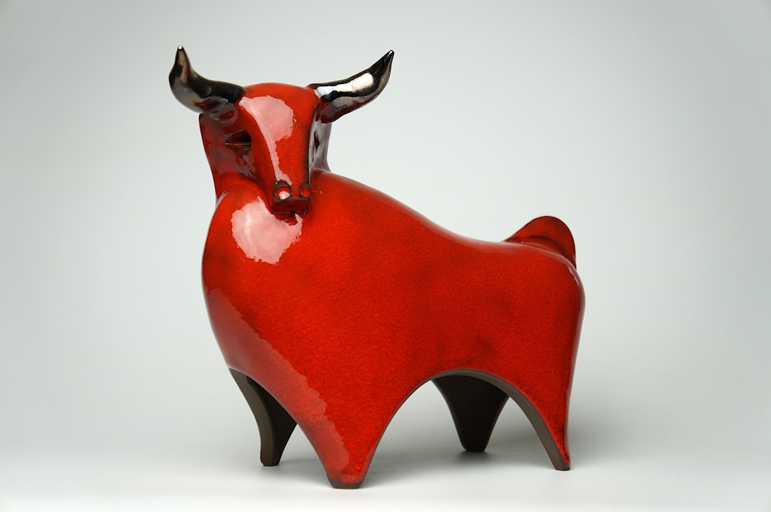 Ceramic Large Red Bull Sculpture, Unique Hand Made Gift, Minimalist ...