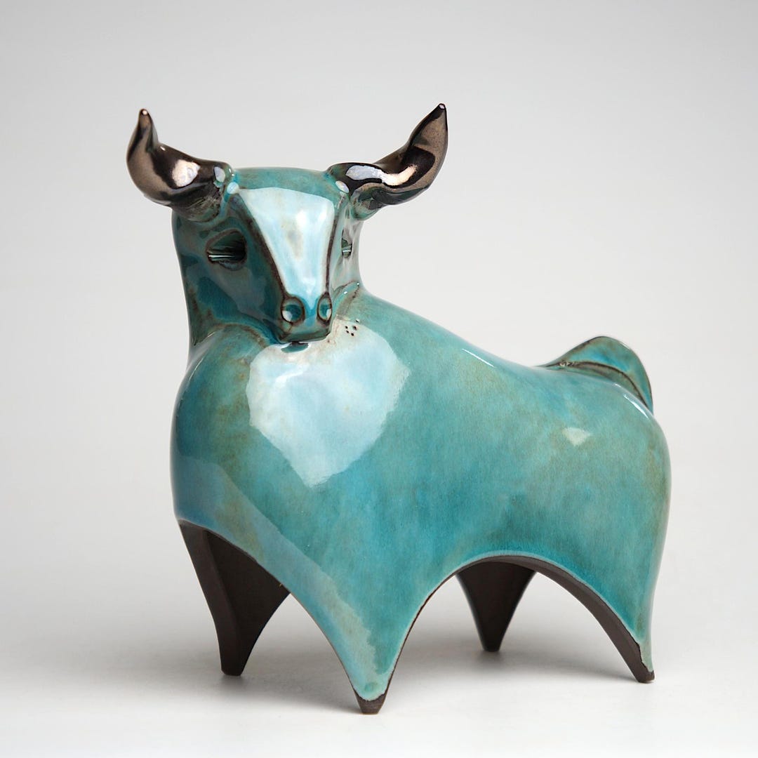 Ceramic Blue Bull Sculpture, Unique Handmade Gift, Minimalist Animal ...