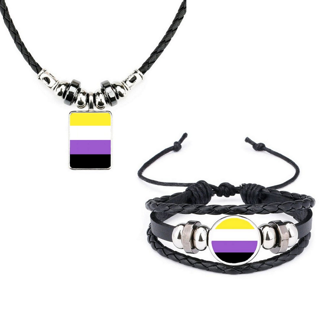Set of 2 Non-binary Rainbow LGBTQ Pride Black Leather Bracelet and Soft Rope Necklace and Gift ...