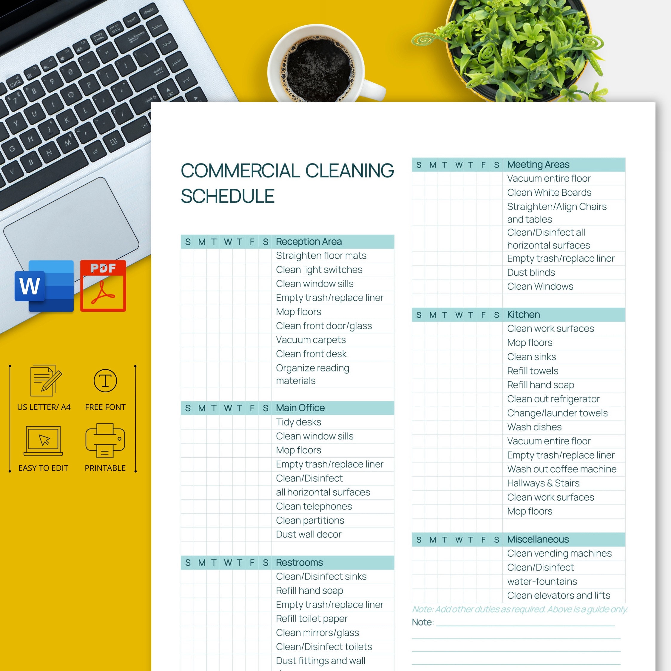 Printable Commercial Cleaning Schedule, Editable Office Cleaning ...