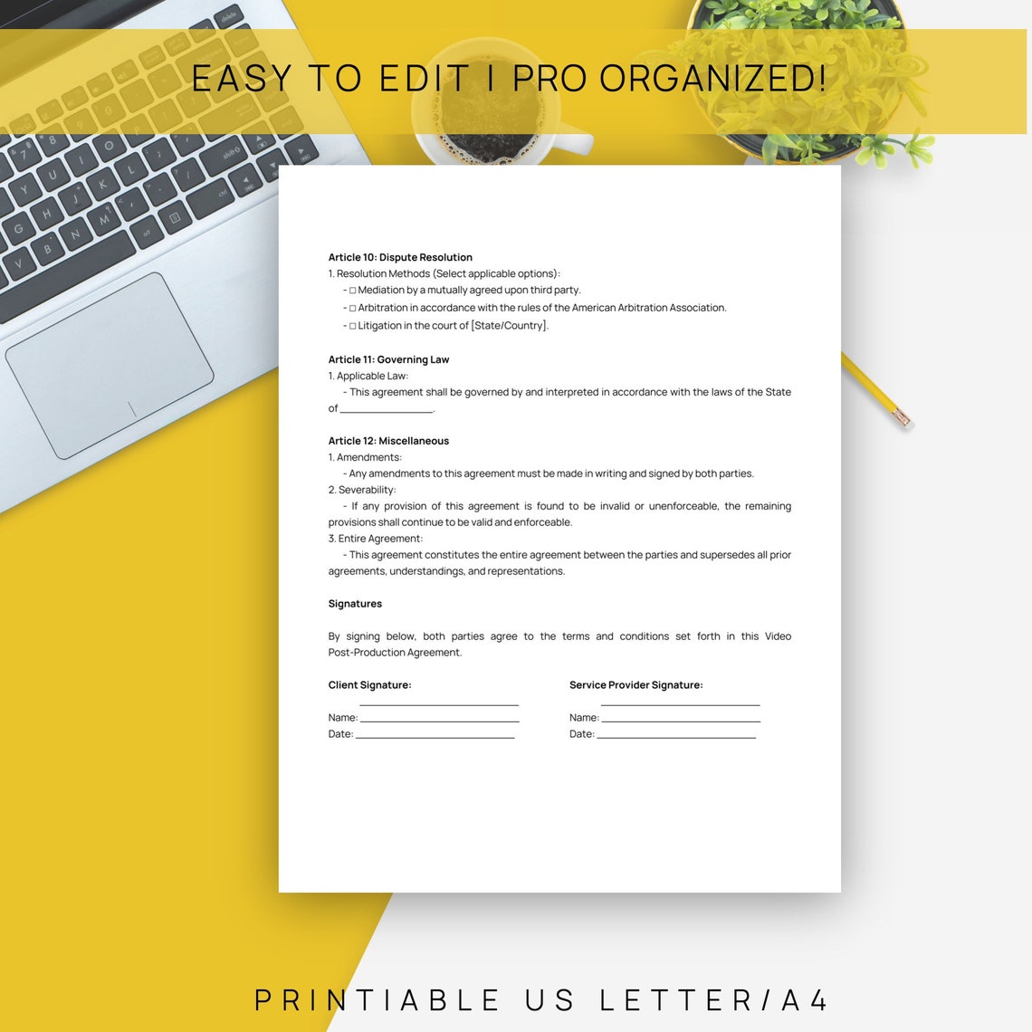 Editable Video Post-production Contract Template, Printable Video ...