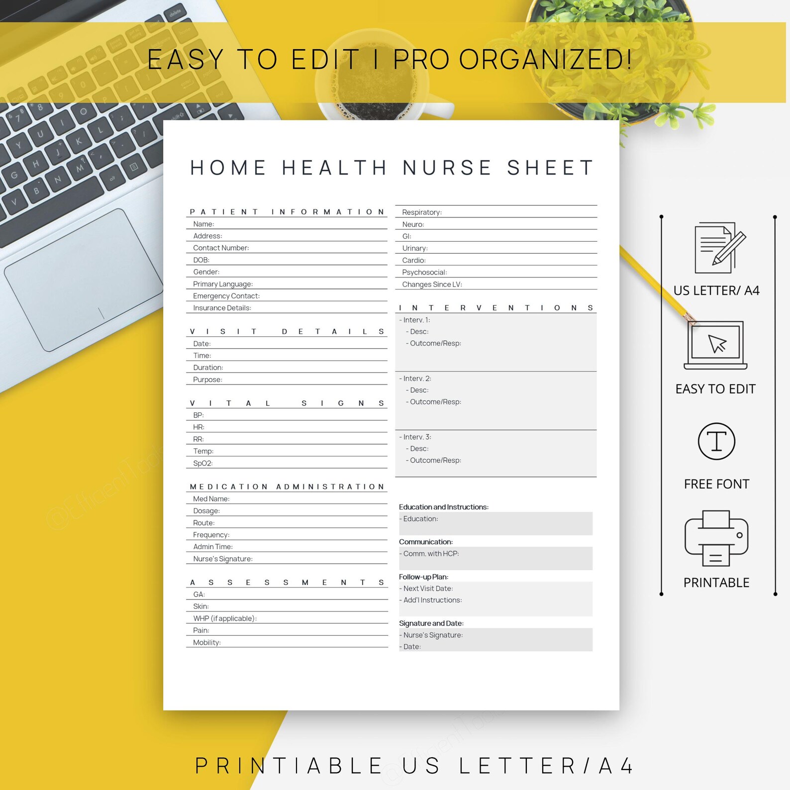 Caregiver Visit Sheet - Vital Signs, Assessments, and Education Notes ...