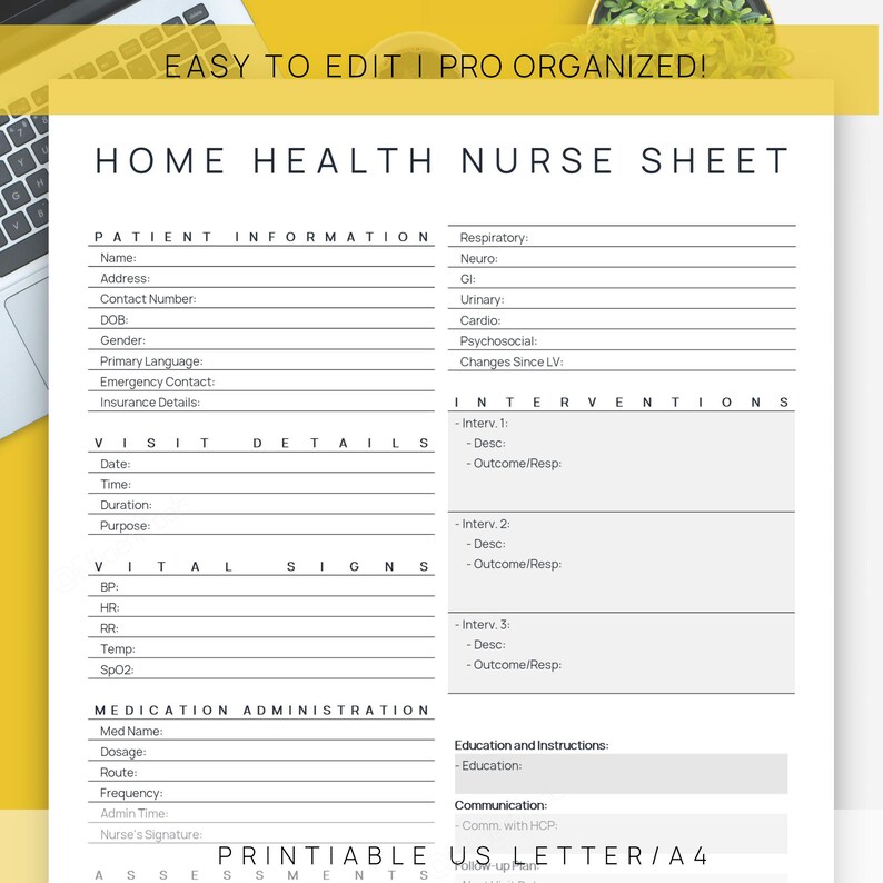 Caregiver Visit Sheet - Vital Signs, Assessments, and Education Notes ...