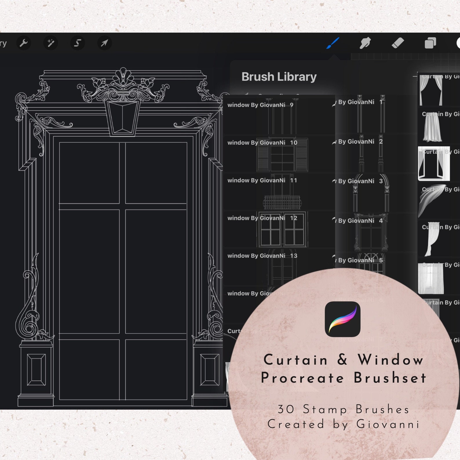 30 Procreate Curtain and Window Brush, Windows Brush, Frame Stamps ...