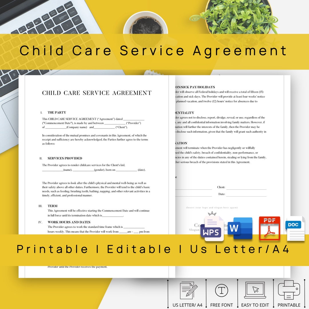 Editable Child Care Service Agreement, Printable Daycare Contract ...