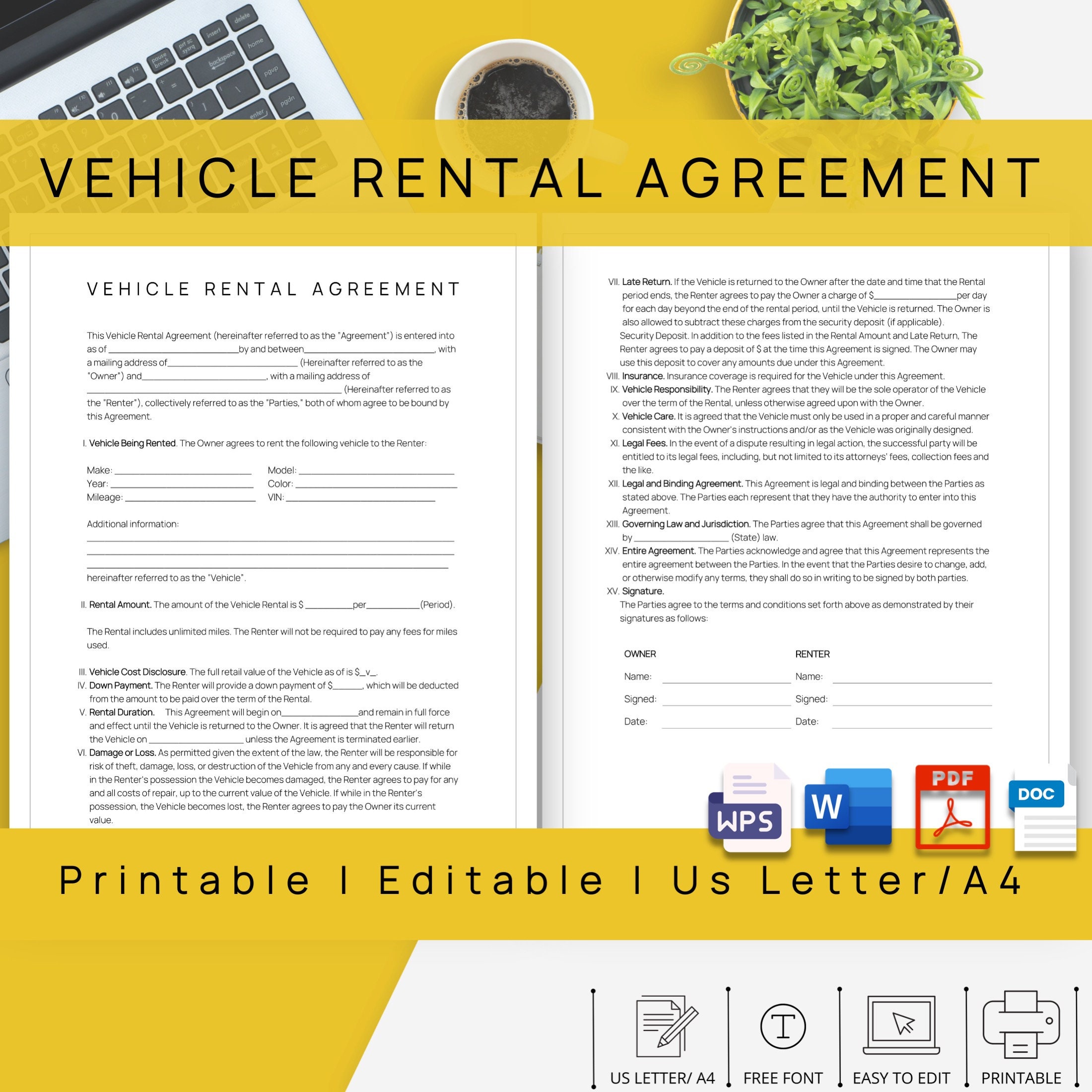 Editable Car Rental Agreement Template, Printable Vehicle Lease ...
