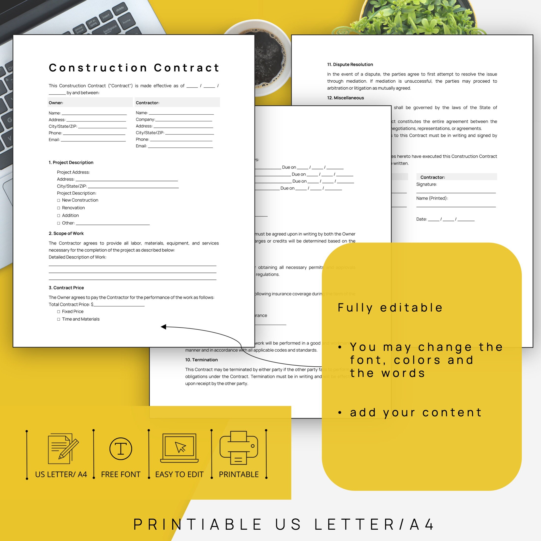 Editable Construction Contract Template, Printable Building Contract ...