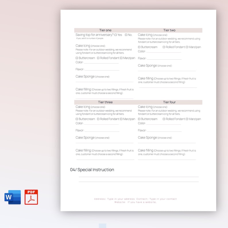 Editable Cake Order Form Template,printable Bakery Order Form,wedding ...