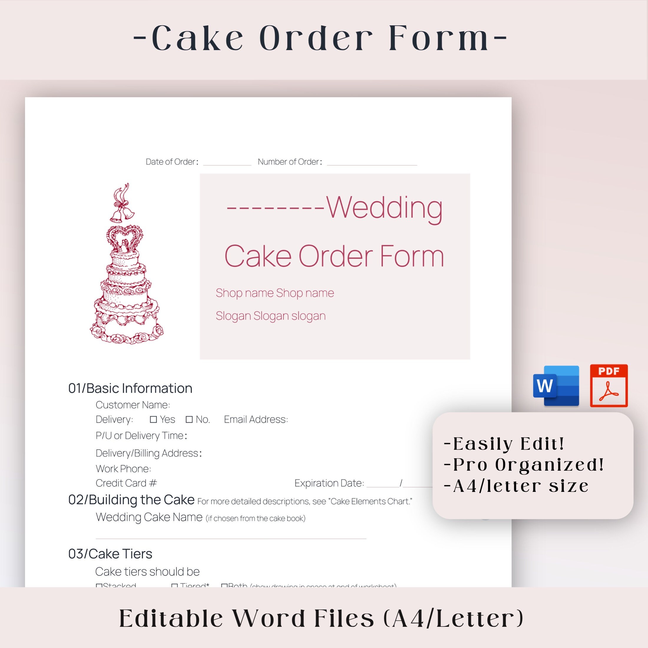 Editable Cake Order Form Template,printable Bakery Order Form,wedding ...