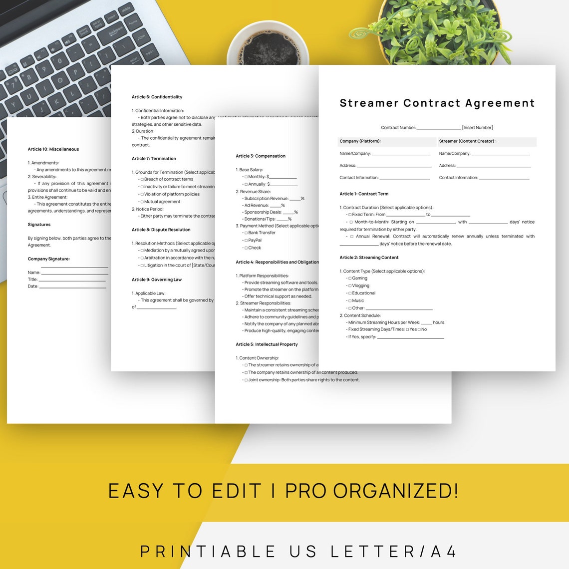 Editable Streamer Contract Template, Printable Streaming Agreement ...