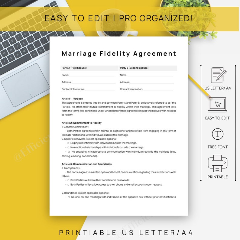Editable Marriage Fidelity Agreement, Marriage Loyalty Agreement Template, Legally Binding ...