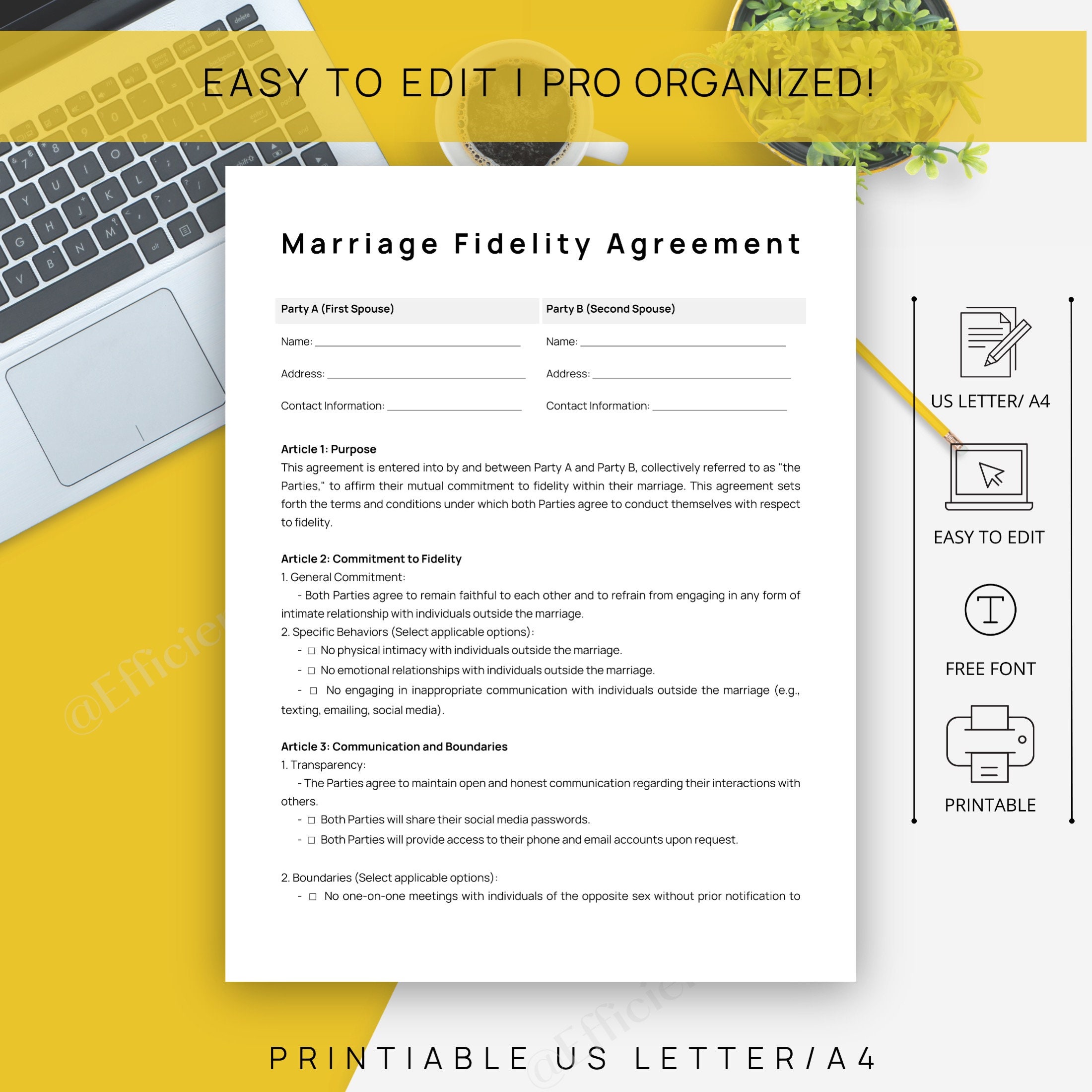 Editable Marriage Fidelity Agreement, Marriage Loyalty Agreement Template, Legally Binding ...