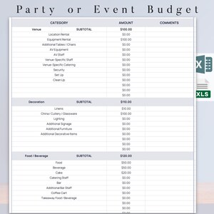 Party & Event Budget Planner, Excel Template, Auto-calculating Event ...