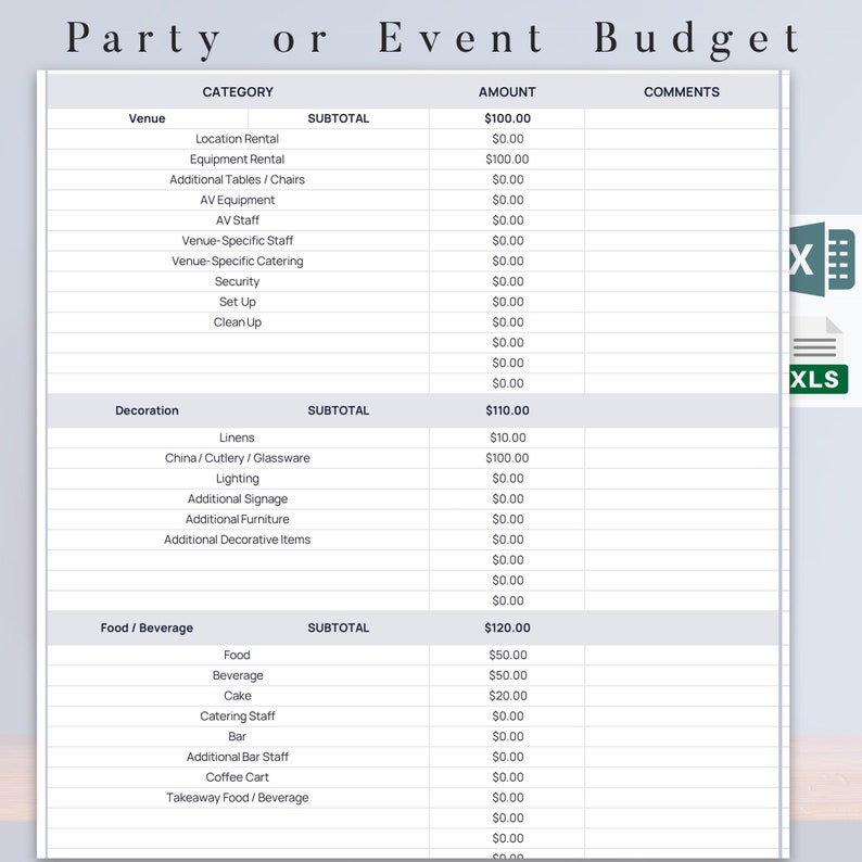 Party & Event Budget Planner, Excel Template, Auto-calculating Event ...