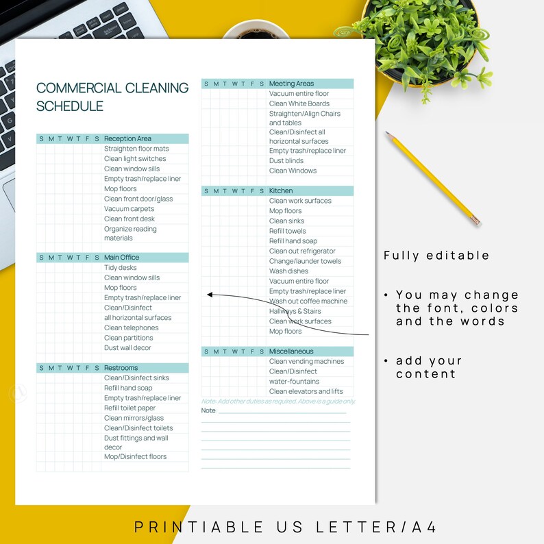 Printable Commercial Cleaning Schedule, Editable Office Cleaning ...