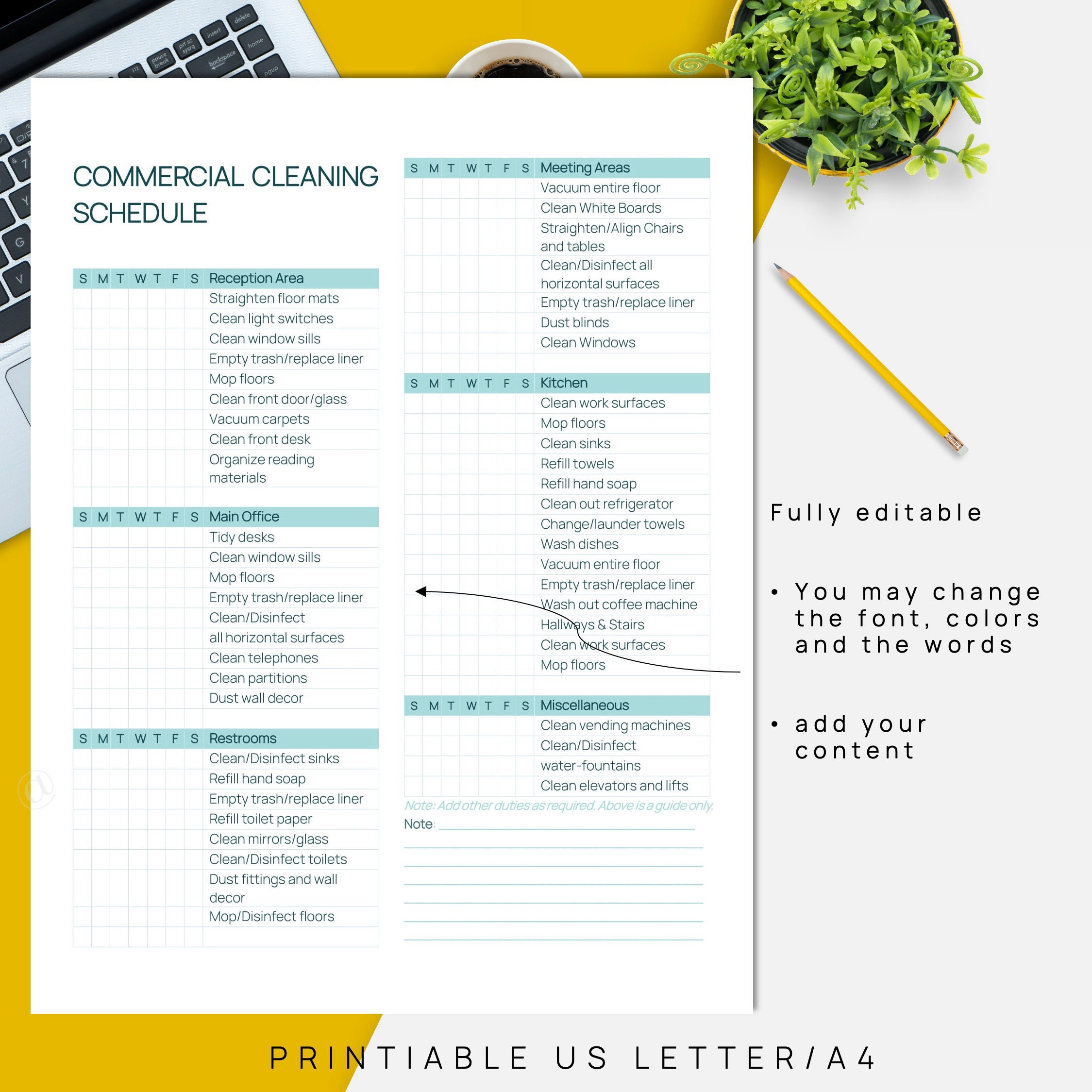 Printable Commercial Cleaning Schedule, Editable Office Cleaning ...