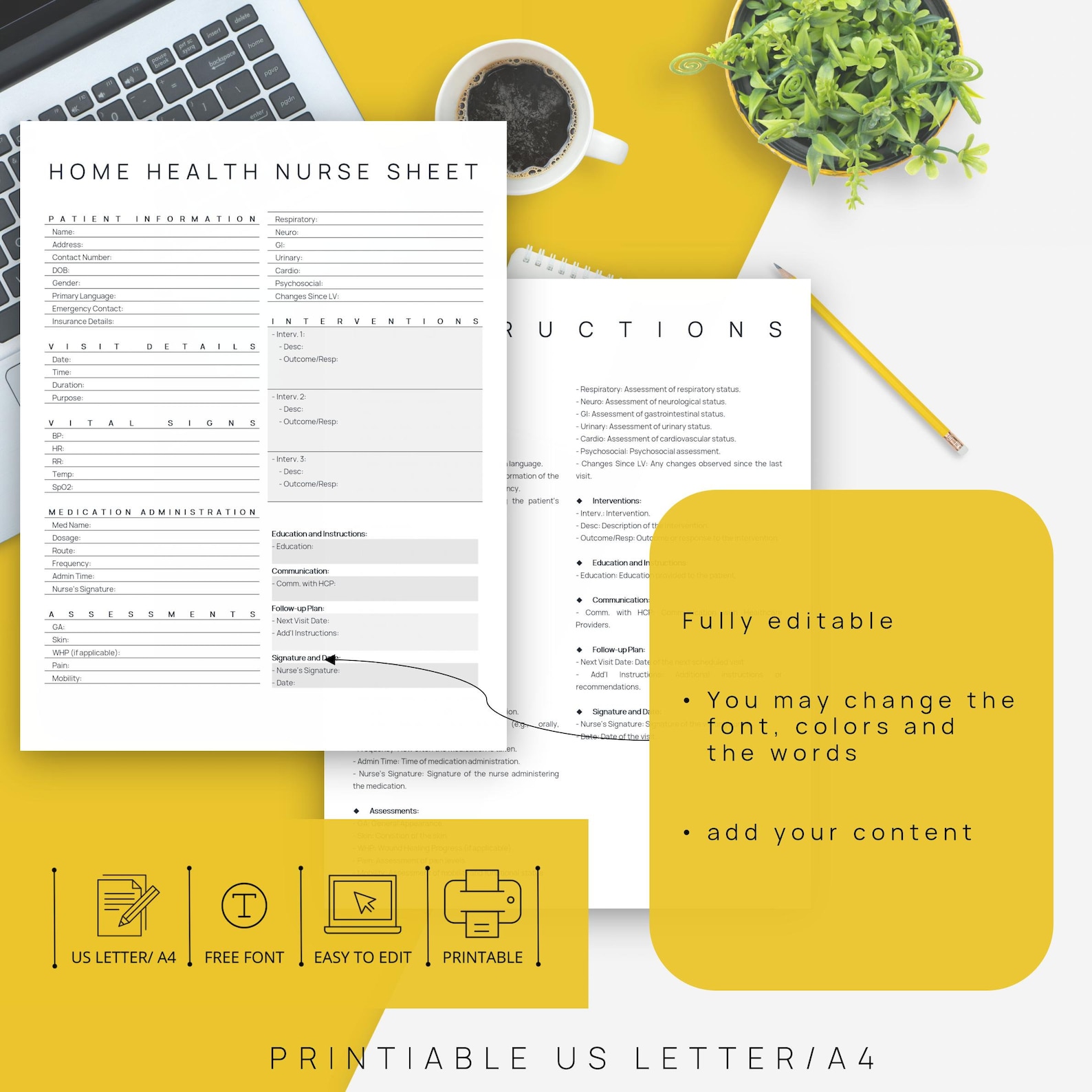 Caregiver Visit Sheet - Vital Signs, Assessments, and Education Notes ...