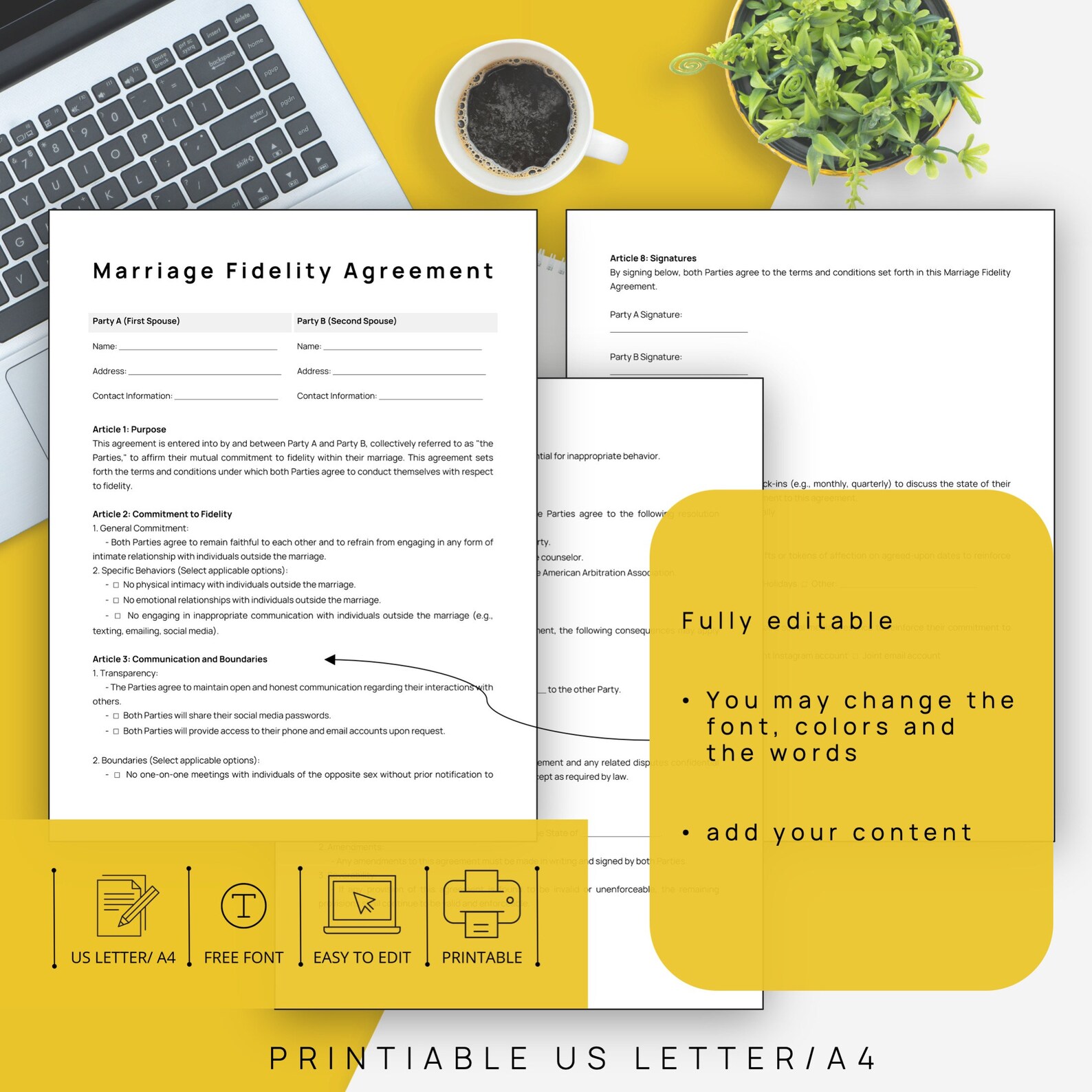 Editable Marriage Fidelity Agreement, Marriage Loyalty Agreement ...