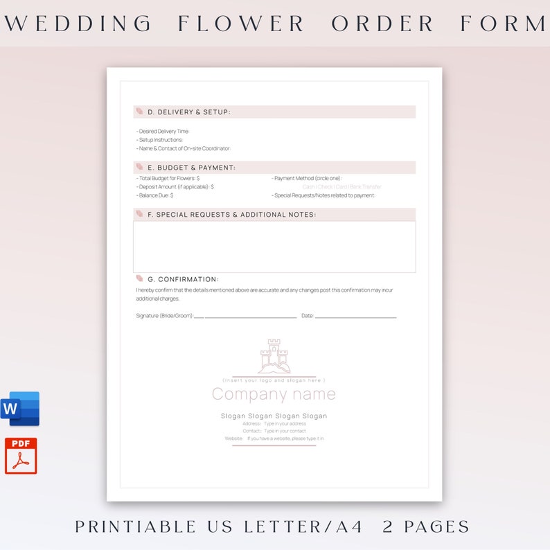 Printable Wedding Flower Order Form, Editable Wedding Floral ...
