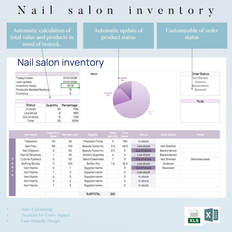 Nail Salon Inventory List Template, Excel Template, Auto-calculating ...