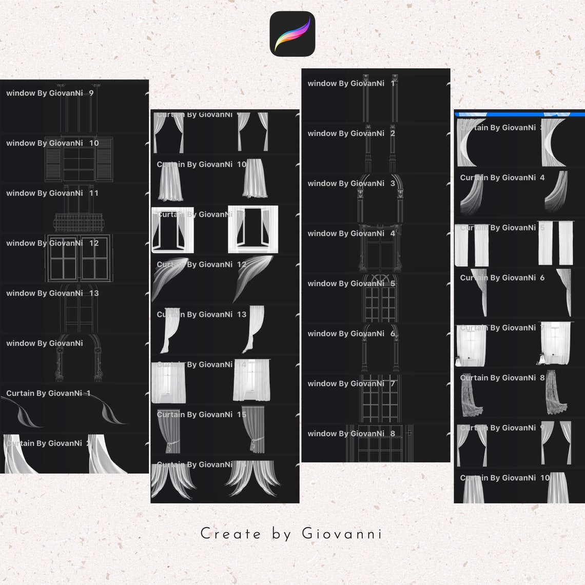 30 Procreate Curtain and Window Brush, Windows Brush, Frame Stamps ...