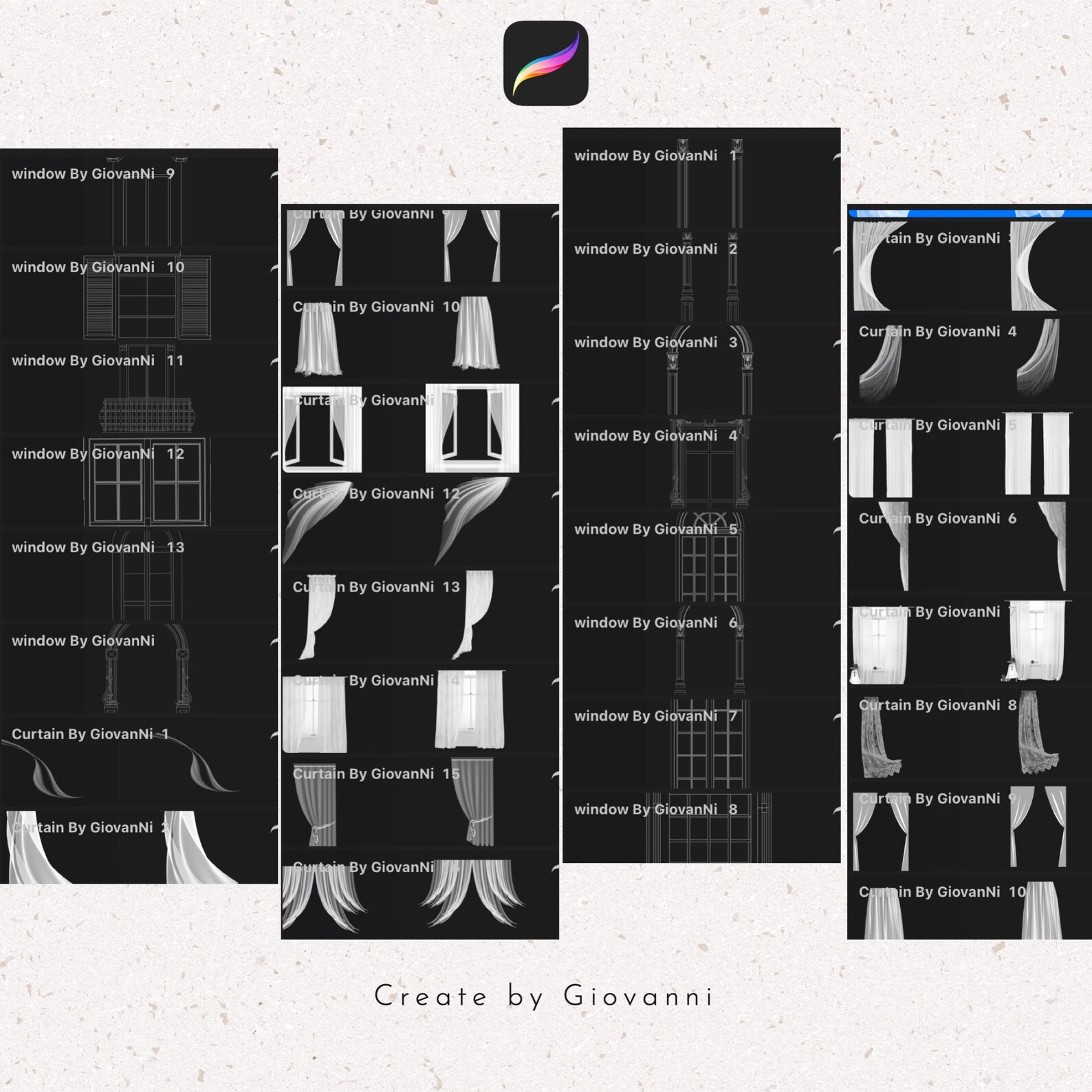 30 Procreate Curtain and Window Brush, Windows Brush, Frame Stamps ...