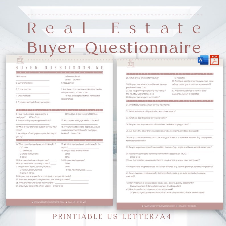 Real Estate Buyer Questionnaire, Detailed Home Buyer Template, Realtor ...