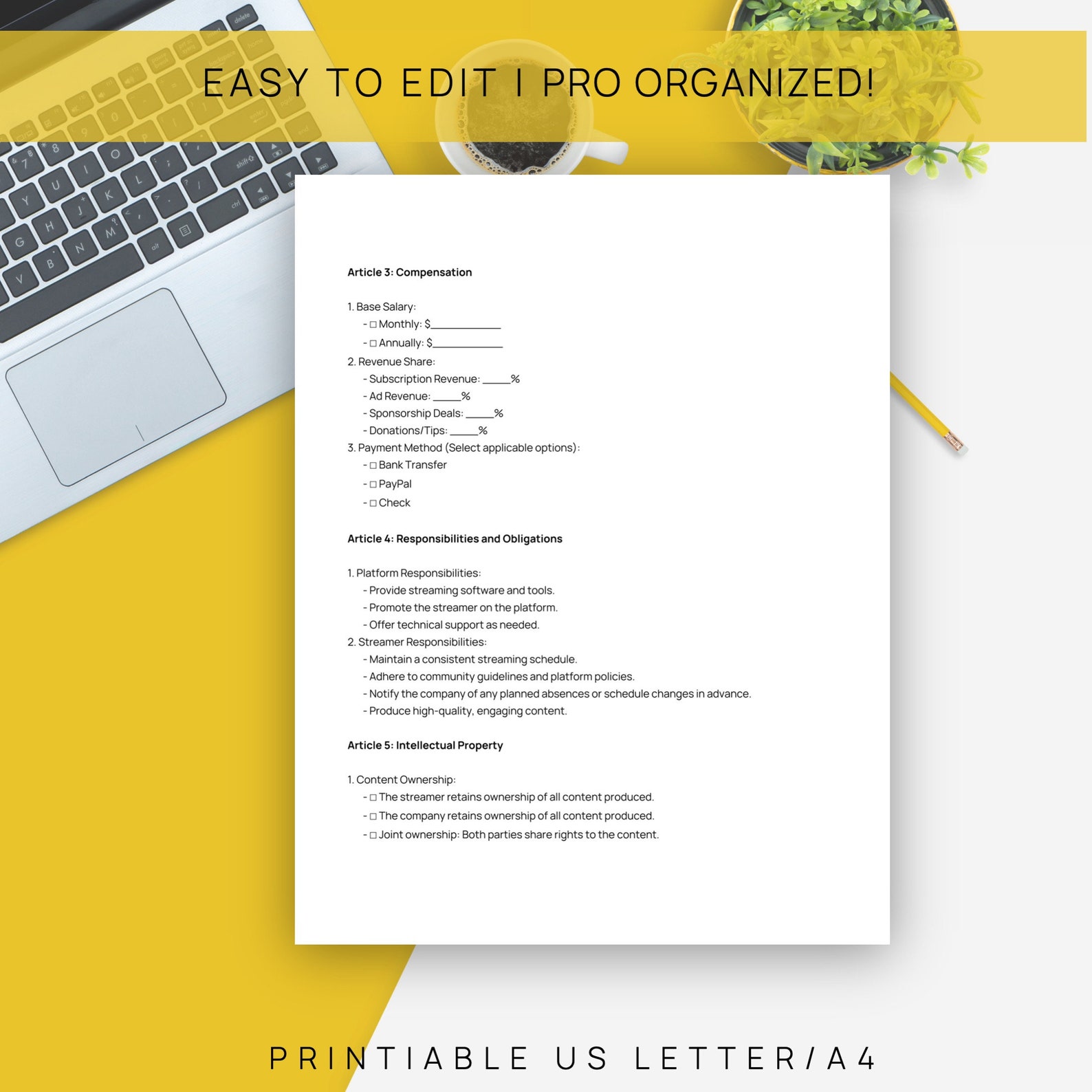 Editable Streamer Contract Template, Printable Streaming Agreement ...