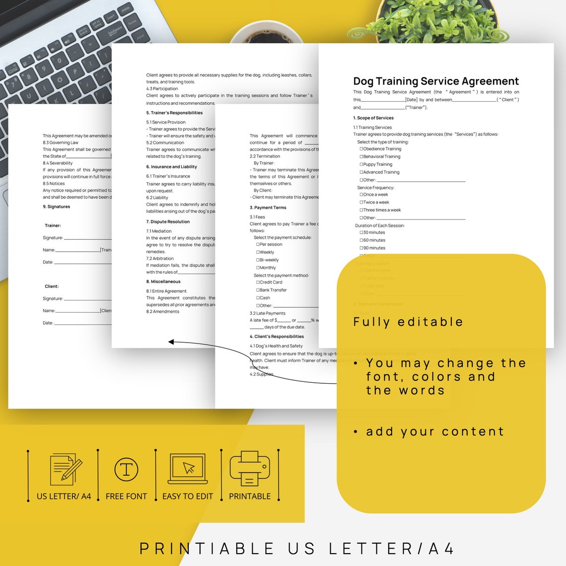 Editable Dog Training Agreement Form, Printable Dog Training Service ...