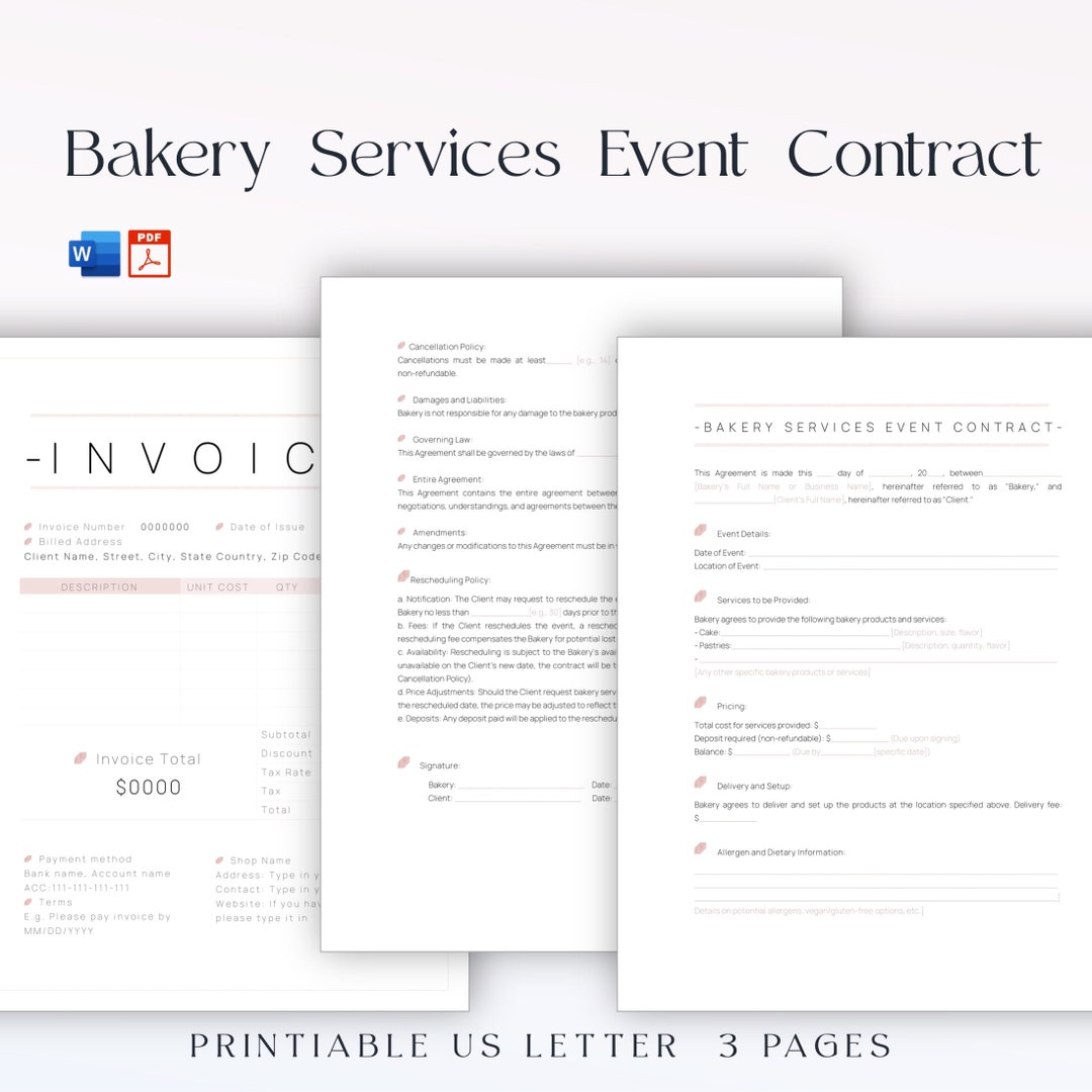 Printable Bakery Services Event Contract, Bakery Invoice, Rescheduling ...